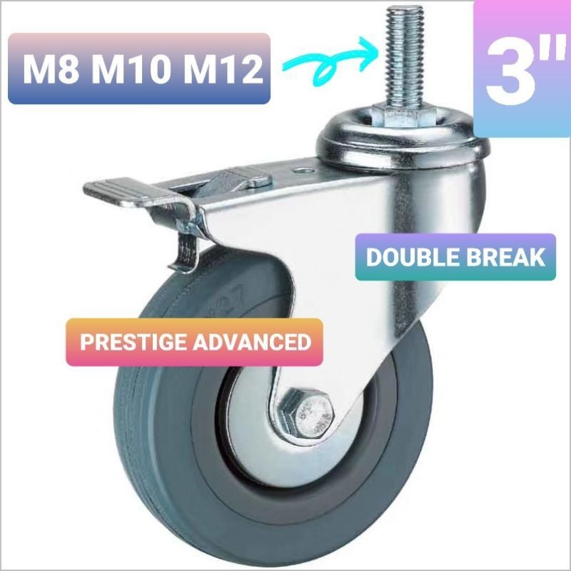3" (75mm) Light duty Grey Rubber Swivel Brake Trolley Caster Wheel M6 ...