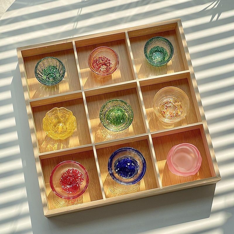 Colored glass sake cup set nine-square Japanese tea cup mini shochu ...