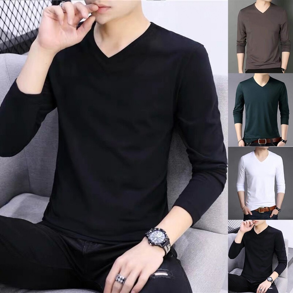 Men T-shirt Solid Color Spring Tee V-Neck Basic Casual Fashion Long ...