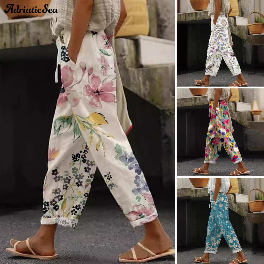 AD-Women Casual Pants Elastic Waist Drawstring Harem Pants Digital ...