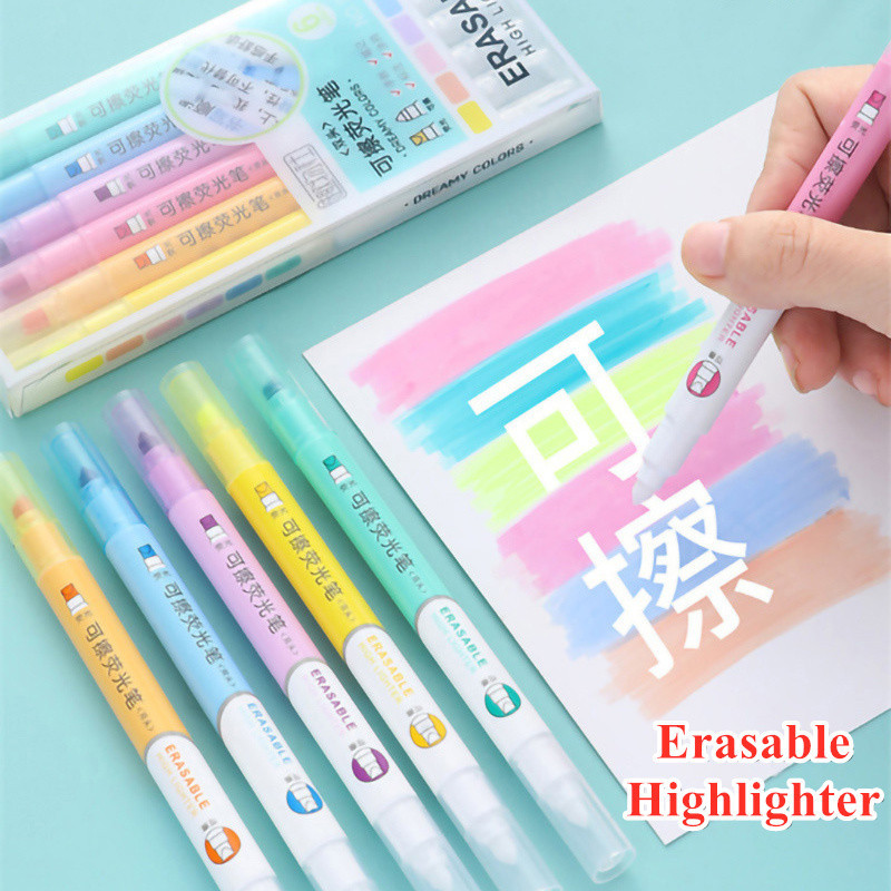 6 Colors Erasable Highlighters Set Double-Ended Pastel Markers for ...