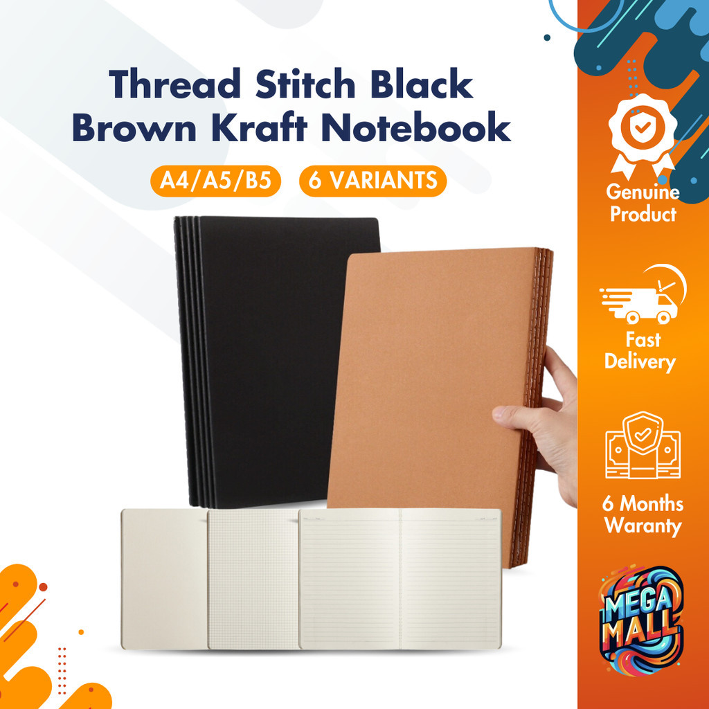 Thread Stitch Black Brown Kraft Notebook A4/A5/B5 Blank Checkered ...