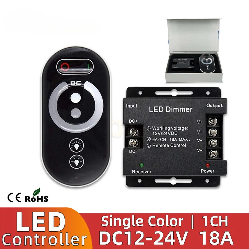 RF LED Single Color Strip Light Controller 12V 24V DC 18A 1 Channel PWM ...