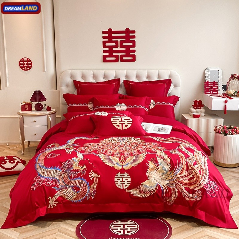 [RAYA]4 IN 1 Chinese Red Wedding Style Bedding Set Dragon And ...