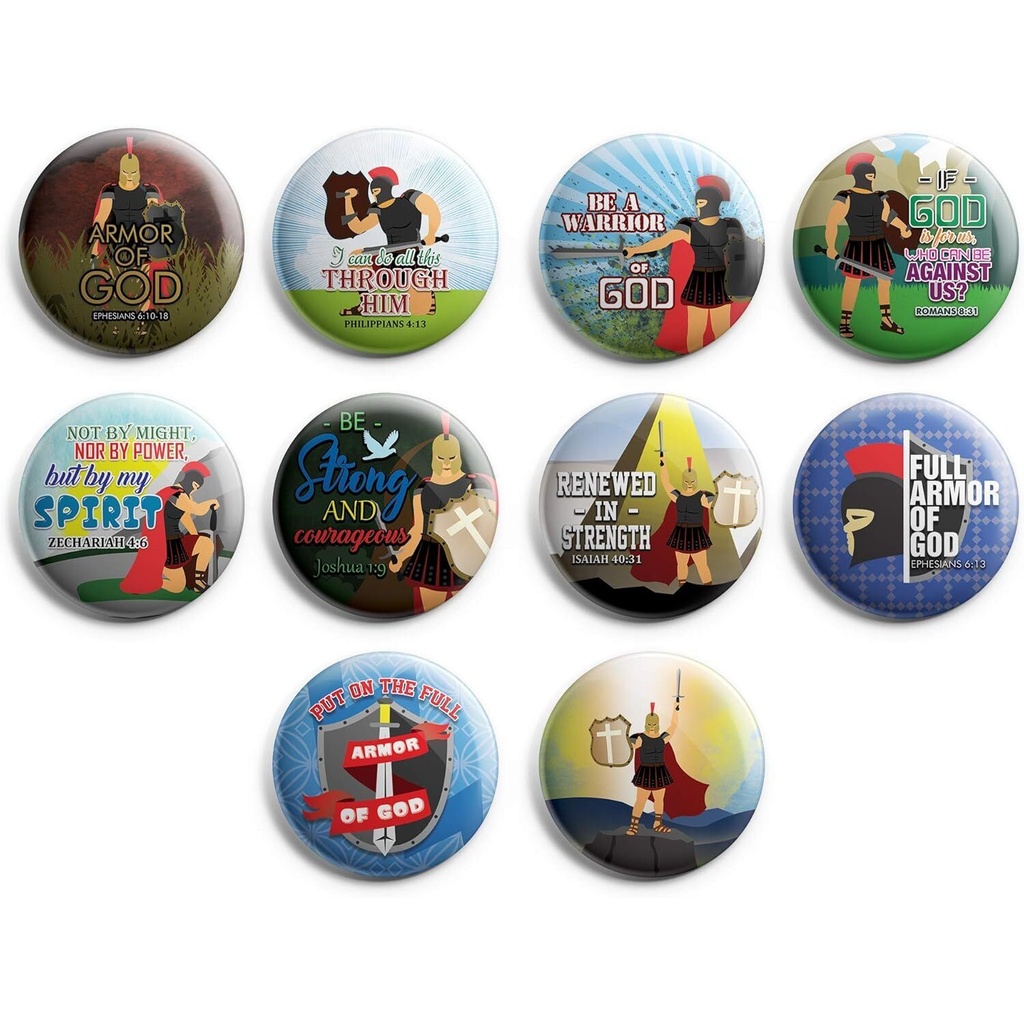 Christian Pinback Badge Buttons - Armor of God (10-Pack) 神的铠甲 徽章 奖励 儿童 ...