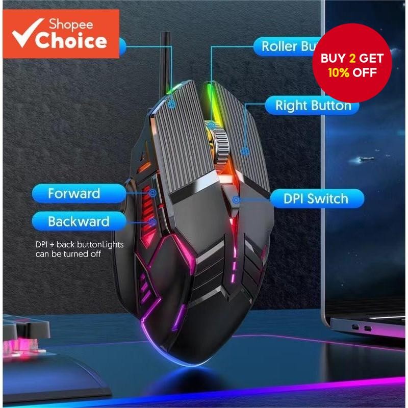 Gaming Mouse with Wire 6-Button Wired Mouse Luminous Silent Colorful ...