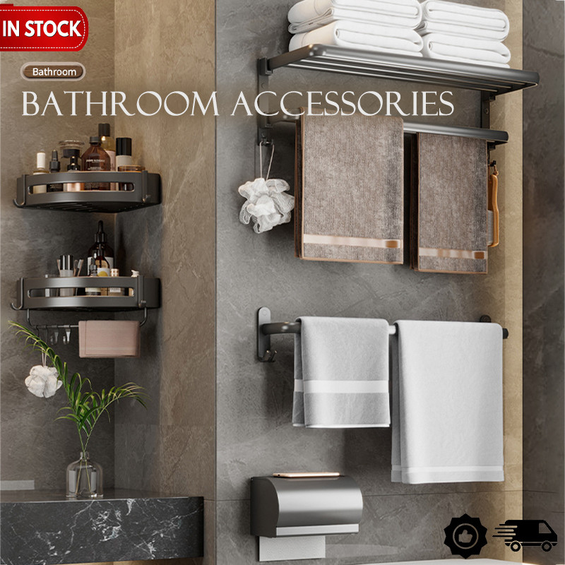 Premium Grey Towel Rack Toilet Rack Bathroom Storage Wall Mounting Free ...