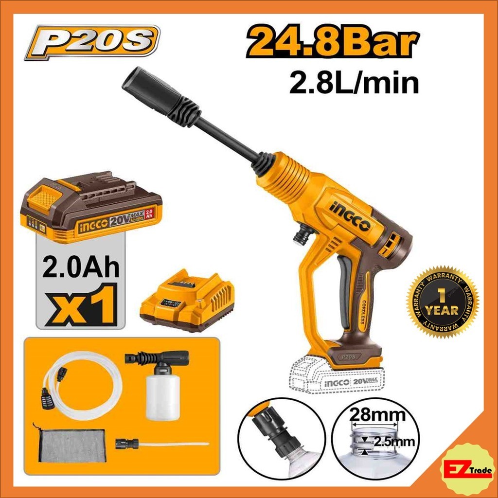 INGCO 20V LI-ION PRESSURE WASHER 24.8BAR 1 X 2.0AH + CHARGER CPWLI20362 | Shopee Singapore
