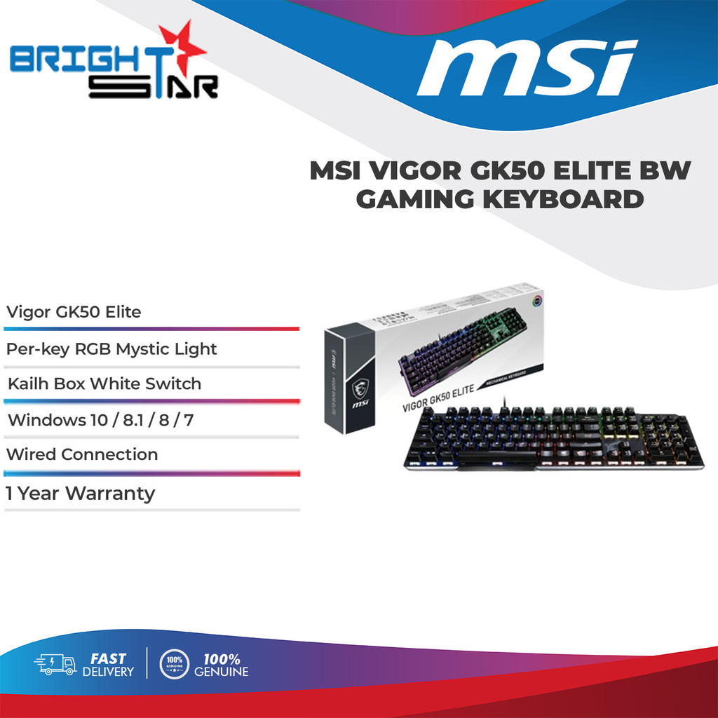 MSI Vigor GK50 Elite BW Gaming Keyboard with Kailh Box Switch (White ...