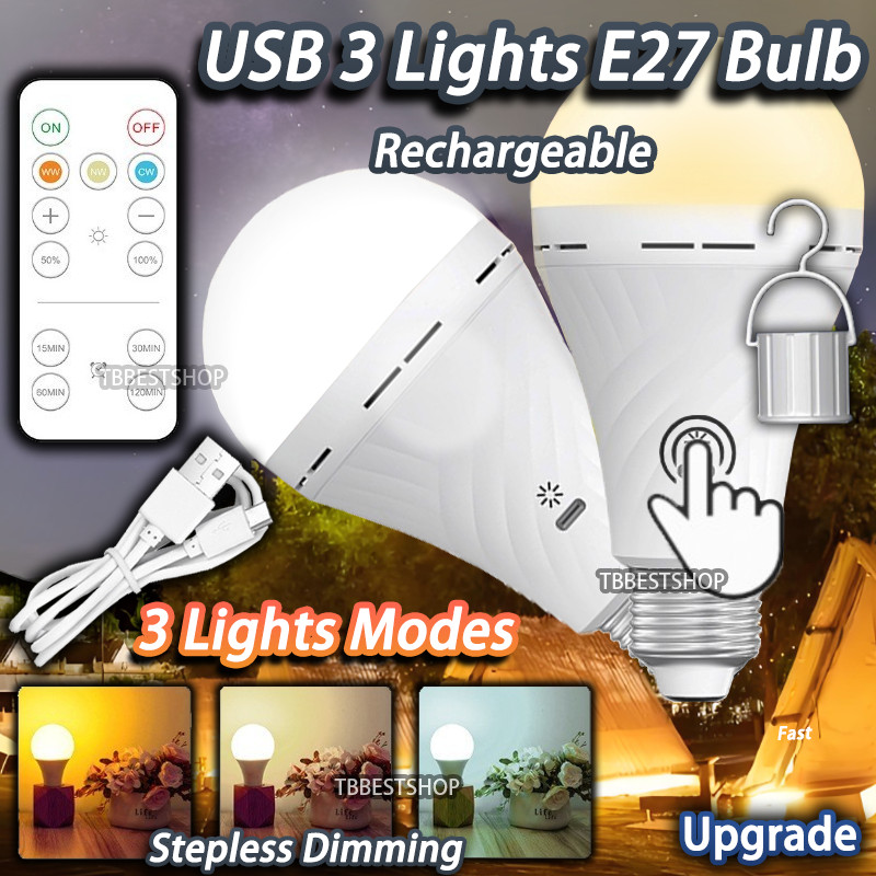 👍1000W USB Recharge E27 Bulb with Remote Control Camping light Type-C 3 ...