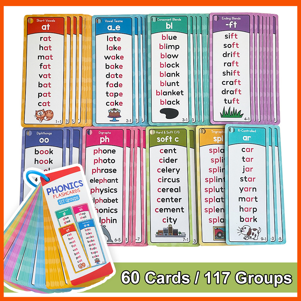 60 Cards 117 Groups Phonics Flash Cards,Digraphs CVC Blending Short ...