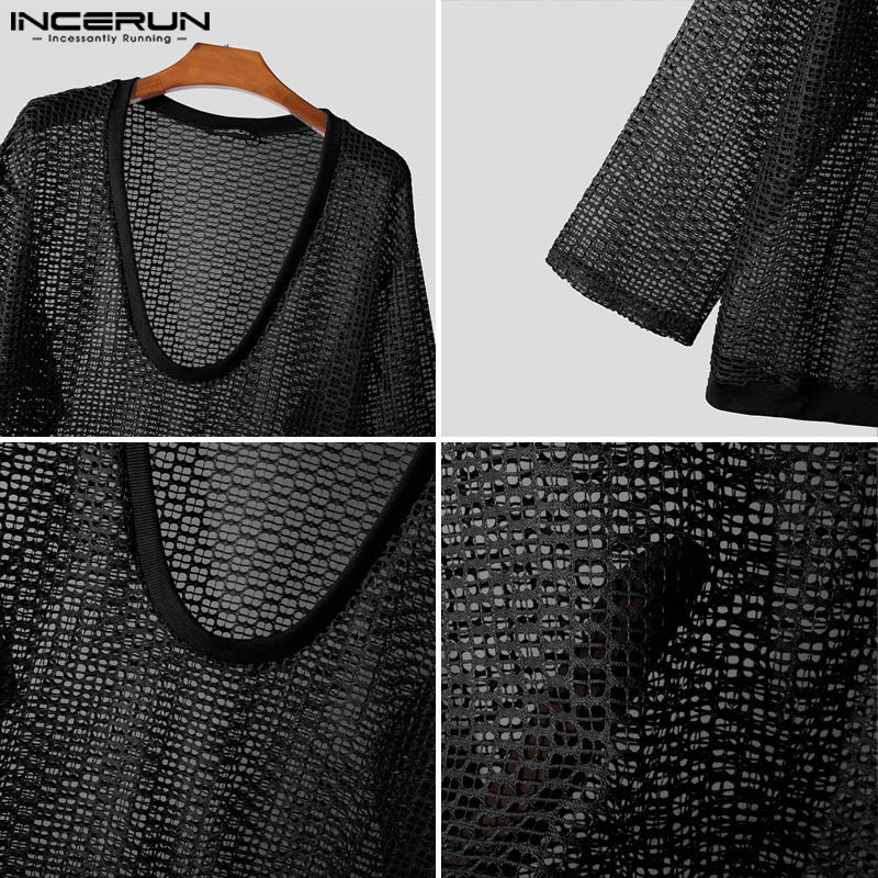 INCERUN Men Vintage V-Neck Hollowed Mesh Design Seven-Quarter Sleeve T ...