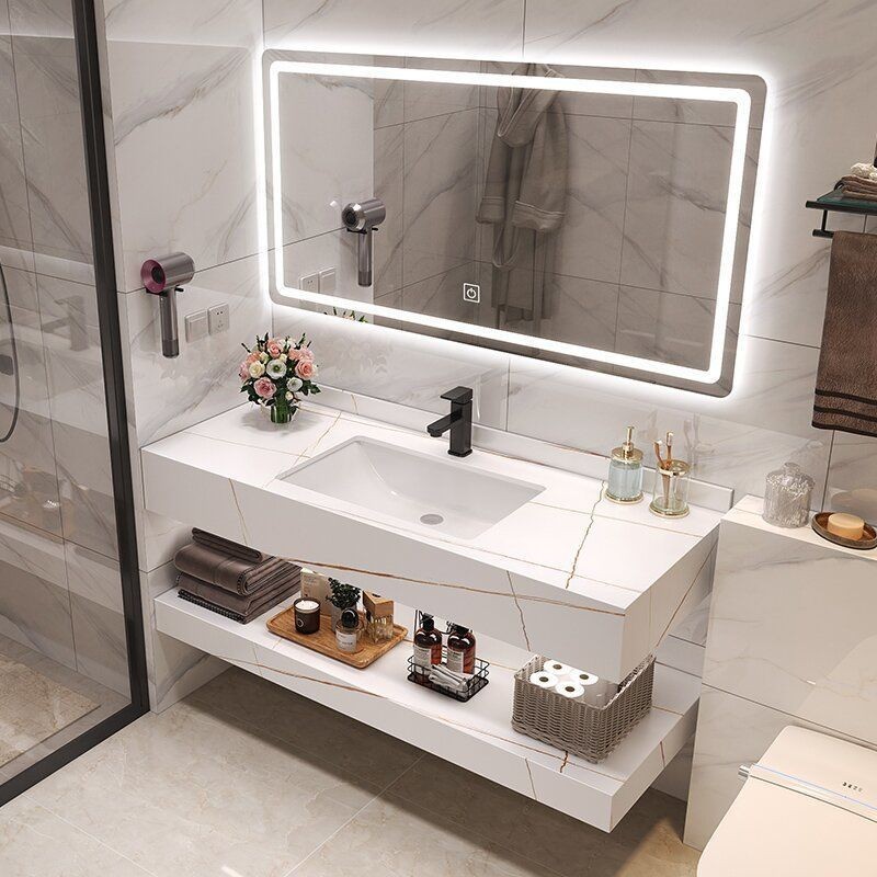 SG Minimalist Double-layer Marble Wash Basin Cabinet set Free Tap and ...