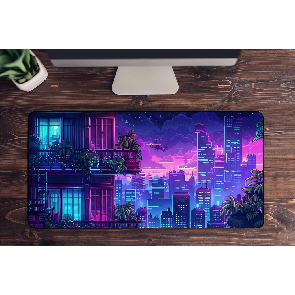 Lofi Pixel Art Desk Mat, Steamwave Cyberpunk Desk Mat, Pixel Art Purple ...