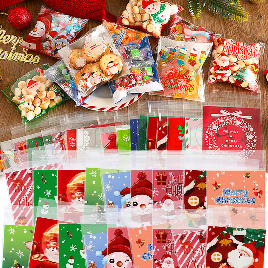 100PCS Christmas Self-Adhesive Candy Cellophane Bags Xmas Treat Cookie ...