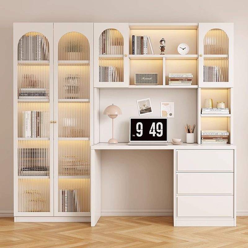 Solid Wood Desk Bookshelf Integrated Desk Milk Computer Desk Combined ...