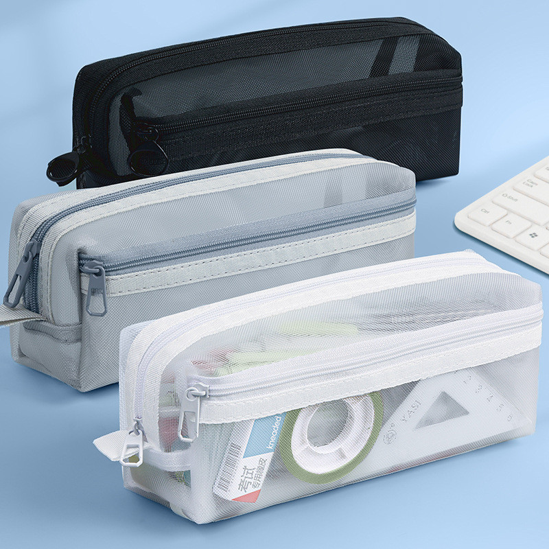 Transparent Pencil Case Student Mesh Stationery Bag Pencil Bag Double ...