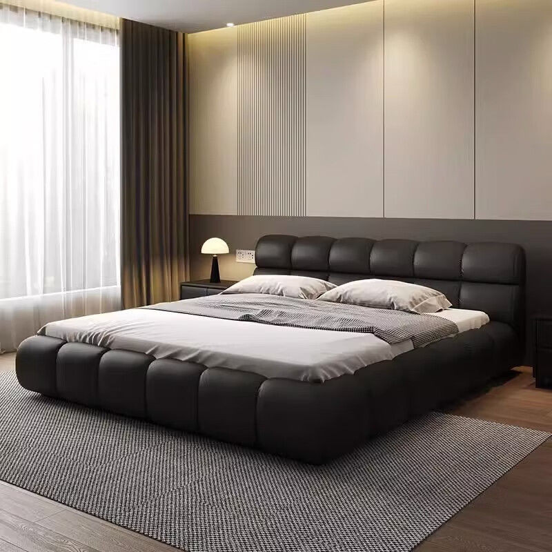 Italian Minimalistic Modern Leather Bed Black Puff Bed Master Bedroom ...