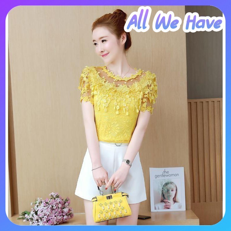 (SOFT LACE) Top Fashion Korean Sweet Lace Flower Short-Sleeved Slim ...
