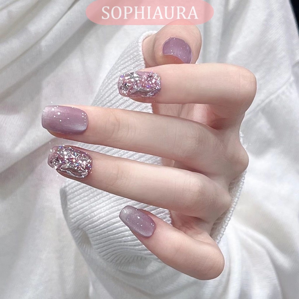 SOPHIAURA Violet Cat Eye Fake Nails Short Square Shape Press on Nails ...