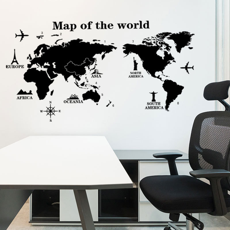 3D World Map Wall Stickers Decor Murals DIY Decal Black, Acrylic Office ...