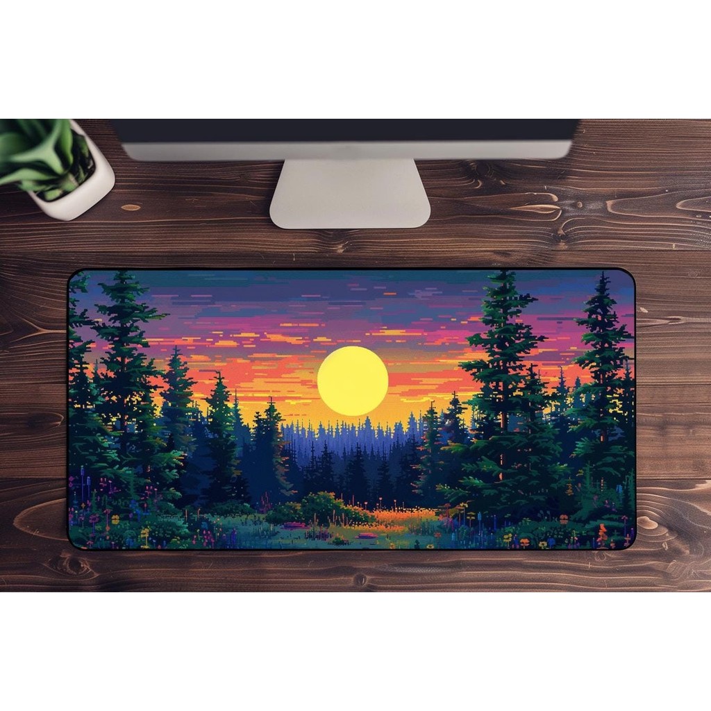 Sunset Pixel Art Desk mat, Forest Sunset Desk mat, nature landscape ...