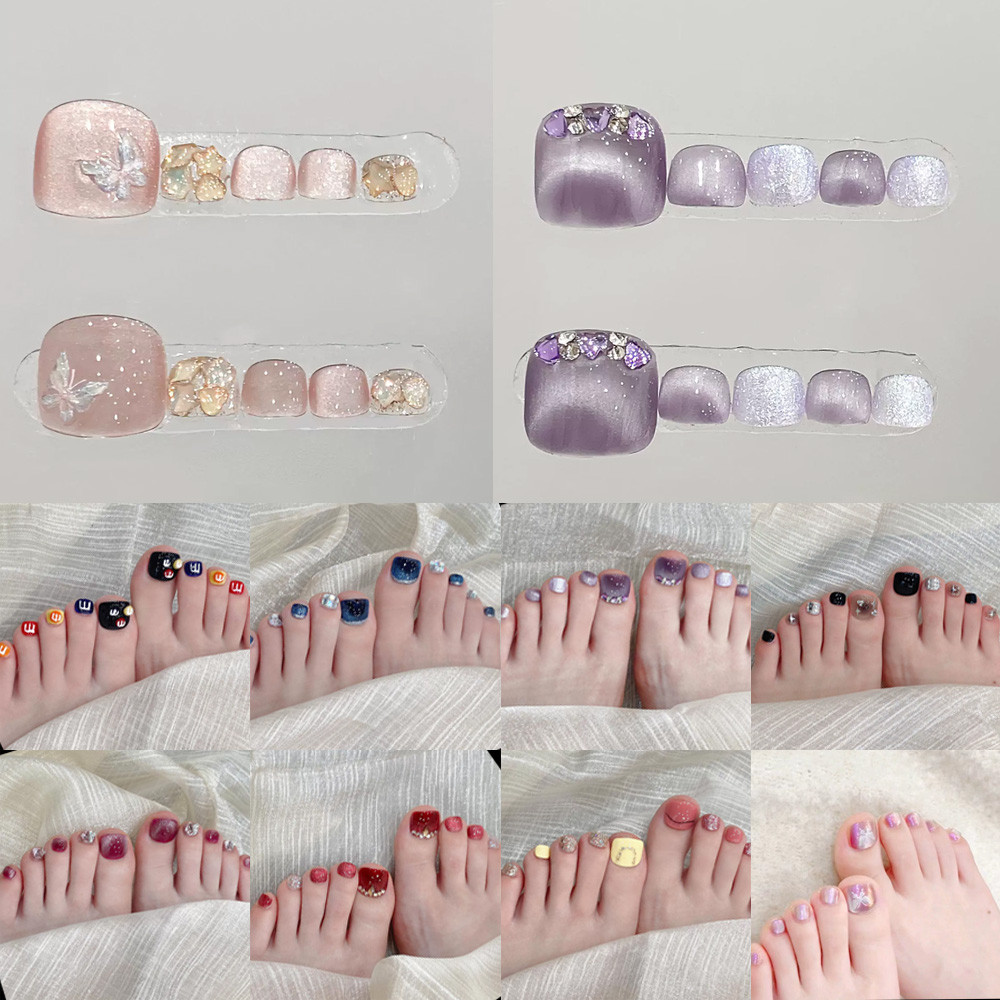 100% HANDMADE Artificial Fake Toe Nails Set With Glue Full Diamond Gems ...