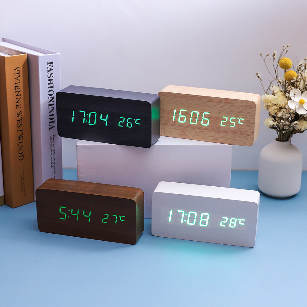 Desktop Clock Wooden LED USB Powered Digital Clocks Voice Control ...