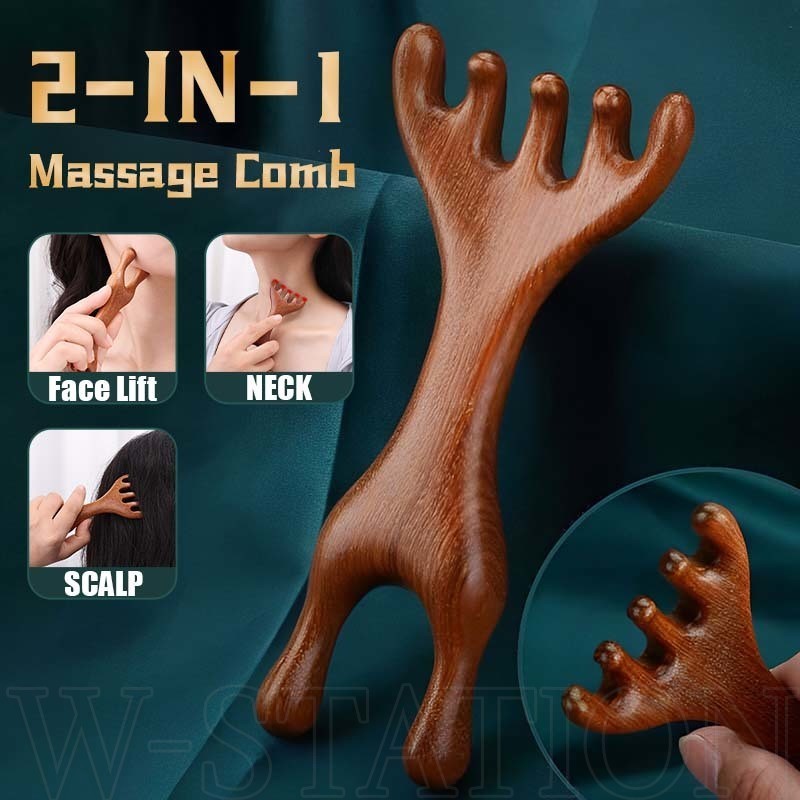 Wooden Scalp Massage Comb - Deer Antler Acupuncture Comb - Double-End ...