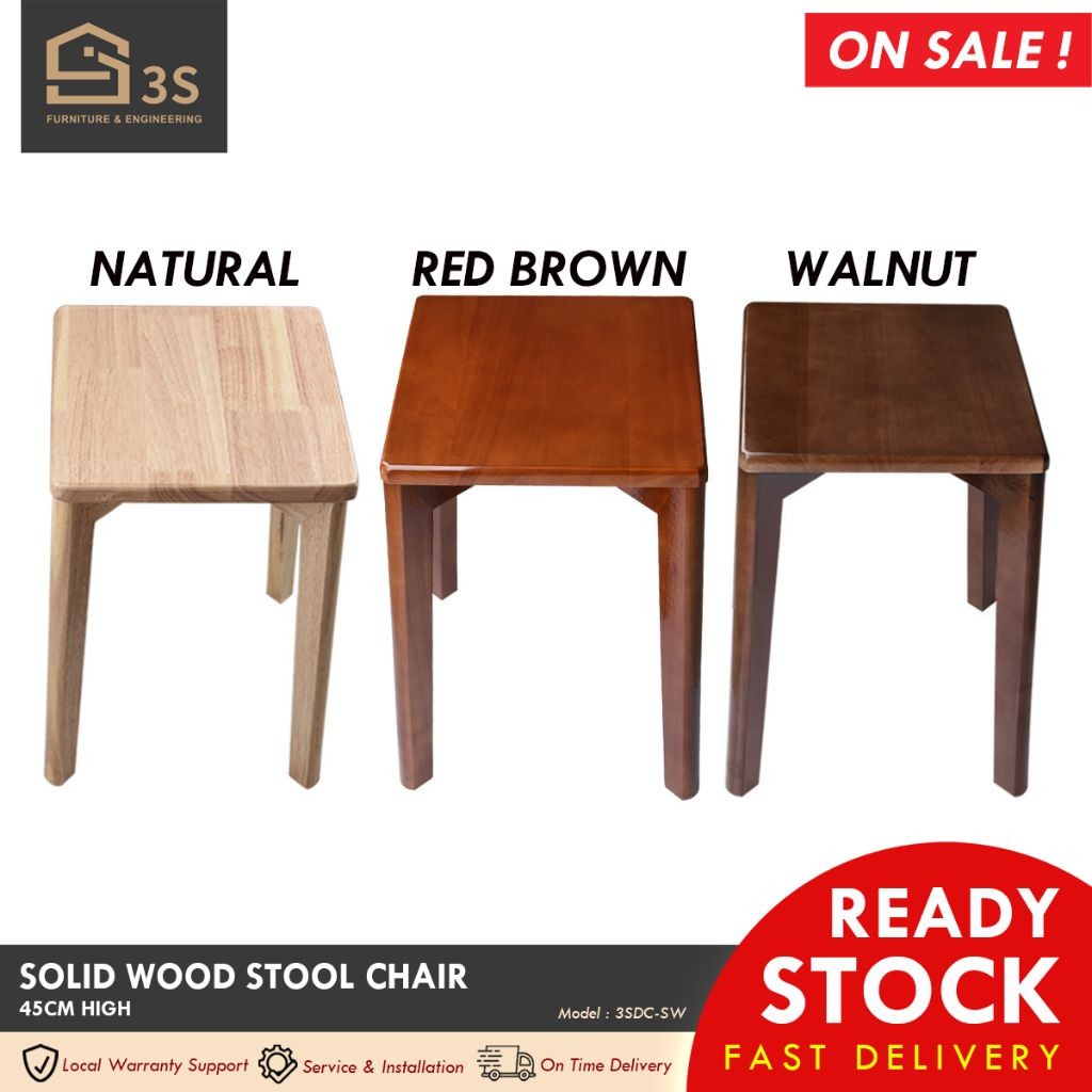 [3S FURNITURE] Dining Room Solid Rough Wood Square Stool (1Yr Local ...