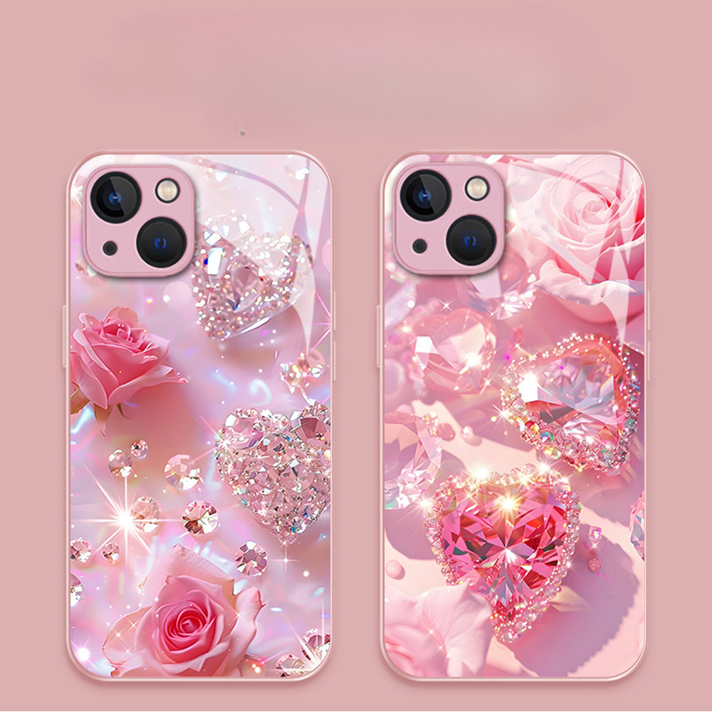 Phone Case Pink Diamond Rose Anti Fall Protector Cover Tempered Glass ...