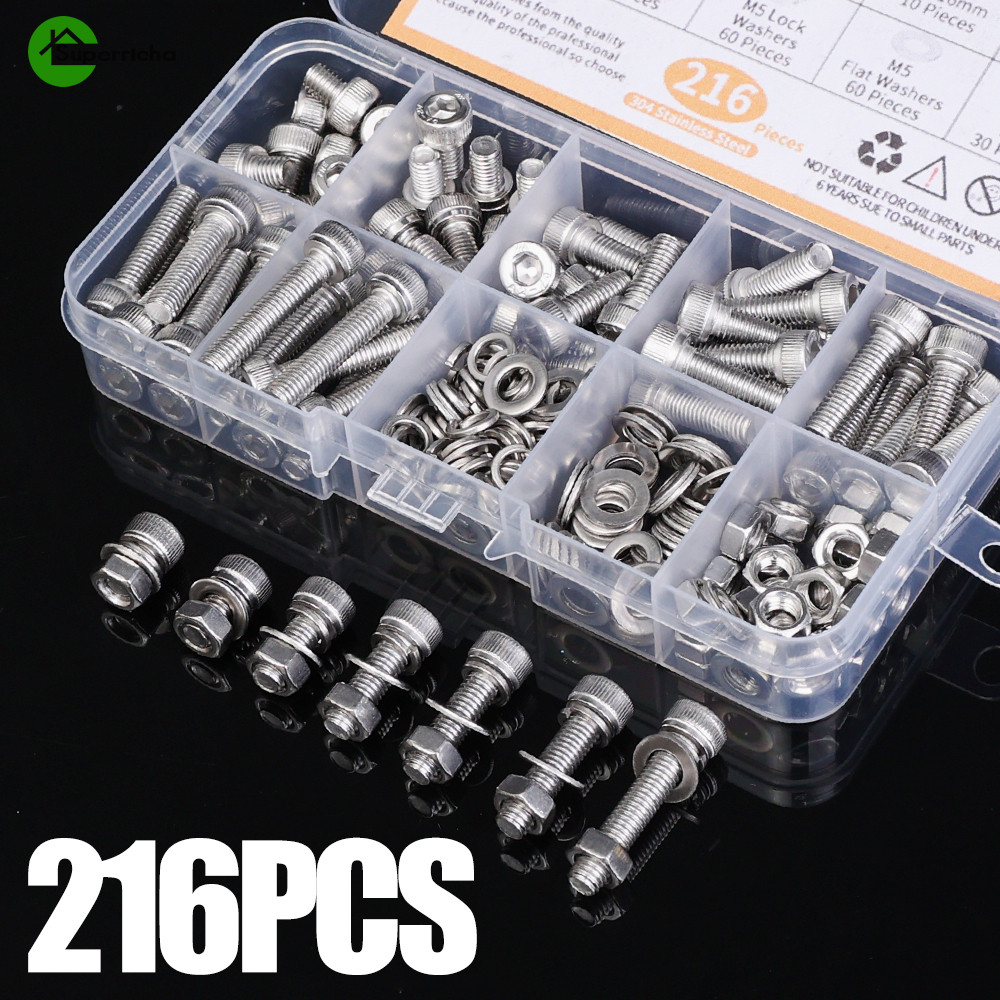 216Pcs/Box M5 Hexagon Socket Screw Nut Kit - Hardware Tool Fasteners ...