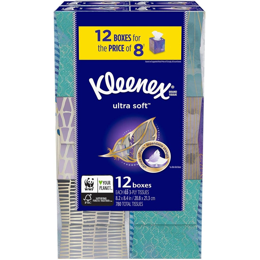 Kleenex Ultra Soft Facial Tissues - Cube Boxes (12 Pack, 65 tissues ...