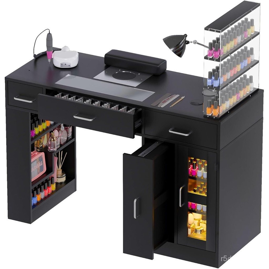 Manicure Table Nail Tech Desk w/Glass Top Drawer, Nail Tech Table w ...