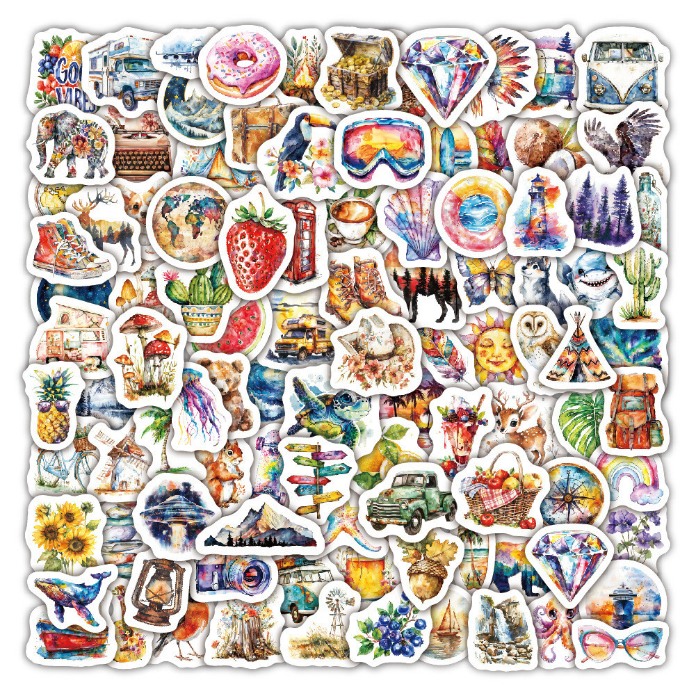 100 pcs Watercolor Painting Original Art Waterproof PVC Stickers ...
