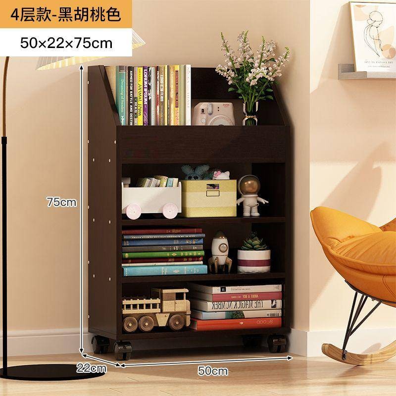 Bookshelf floor shelf Movable wooden bookcase with wheel table under ...
