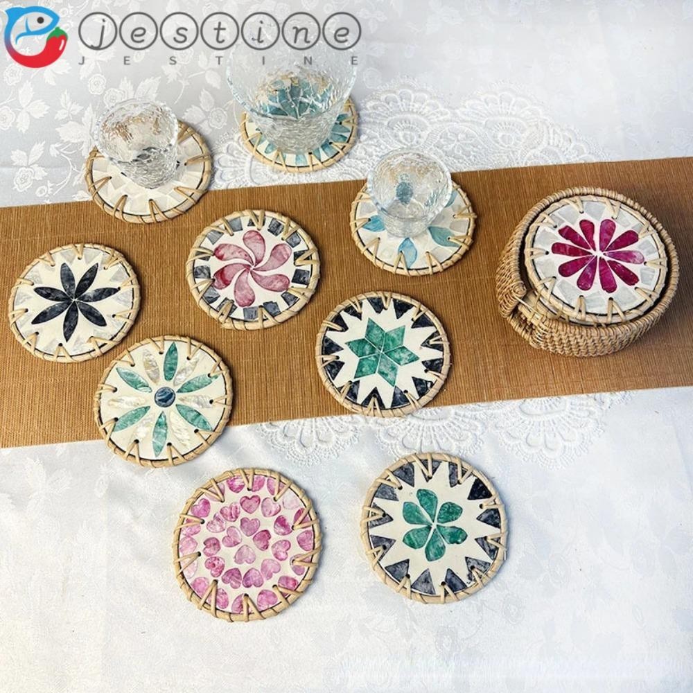 JESTINE Rattan Shell Cup Mat, 10cm Round Seashell Cup Mat, Insulation ...