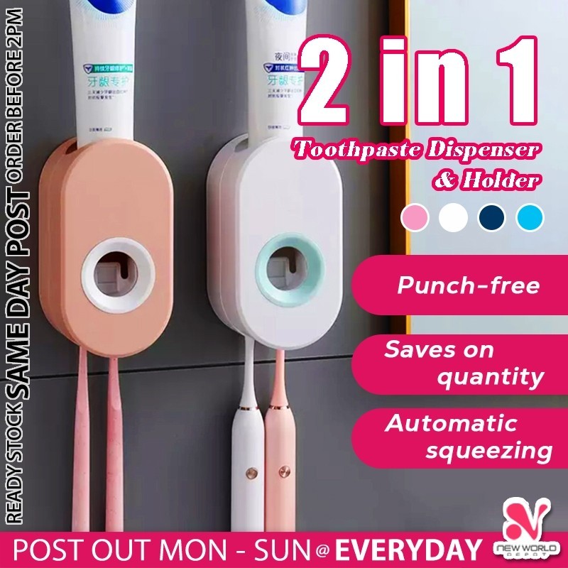 𝗡𝗔𝗜𝗟 𝗙𝗥𝗘𝗘 》2 In 1 Wall Mounted Automatic Toothpaste Dispenser Squeezer Toothbrush Holder Bekas ...