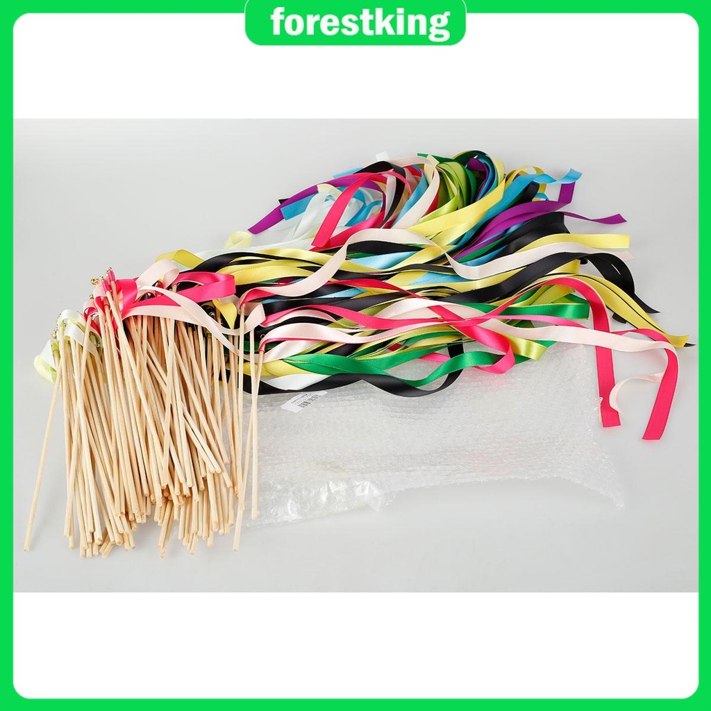 100pcs Silk Ribbon Stick with Bells Colourful Streamers Stick Wish ...
