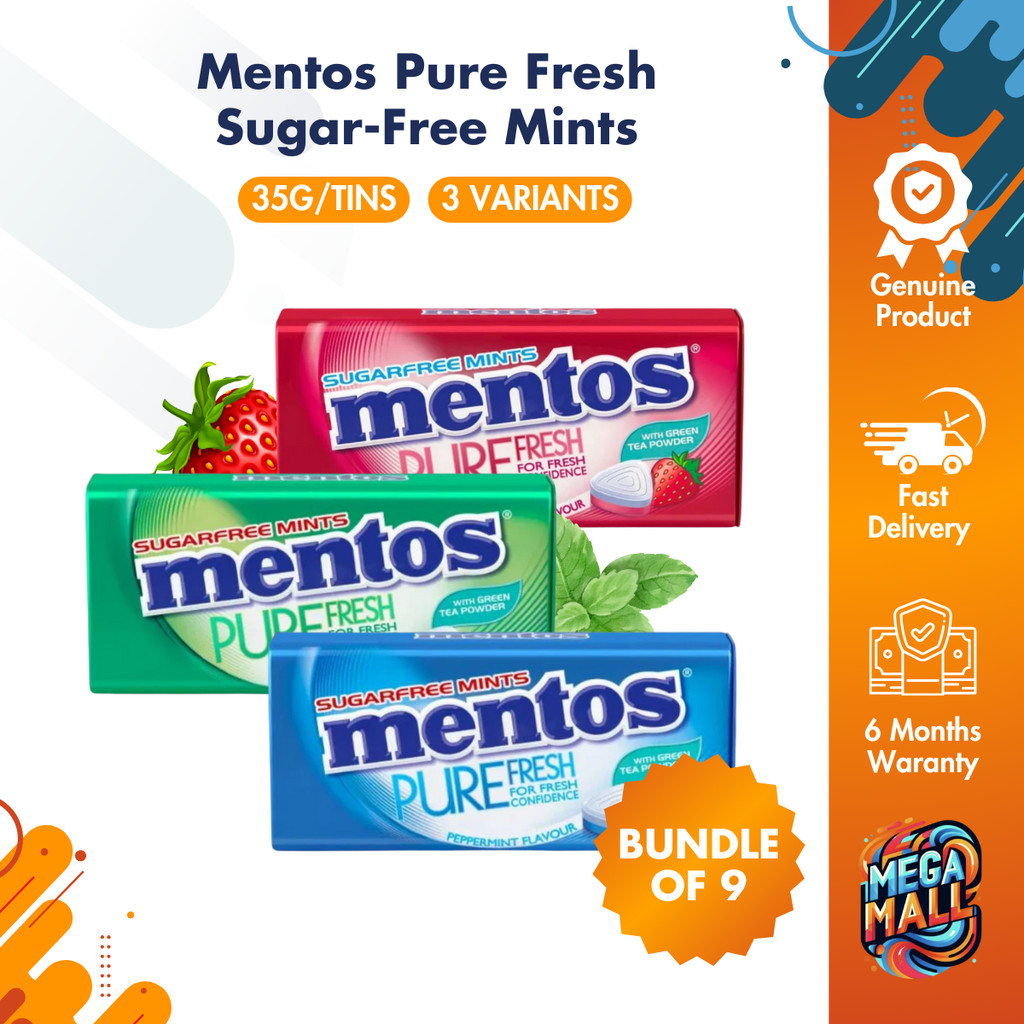 [Bundle of 9] Mentos Pure Fresh Sugar-Free Mints 35g/Tins - Refreshing ...