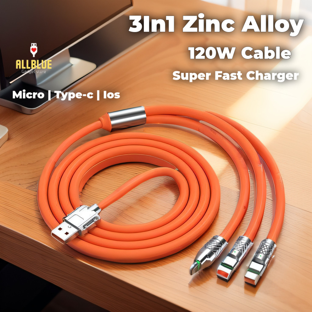 3 In 1 Zinc Alloy Charger Cable 120W 6A Super Fast Charger Type C ...