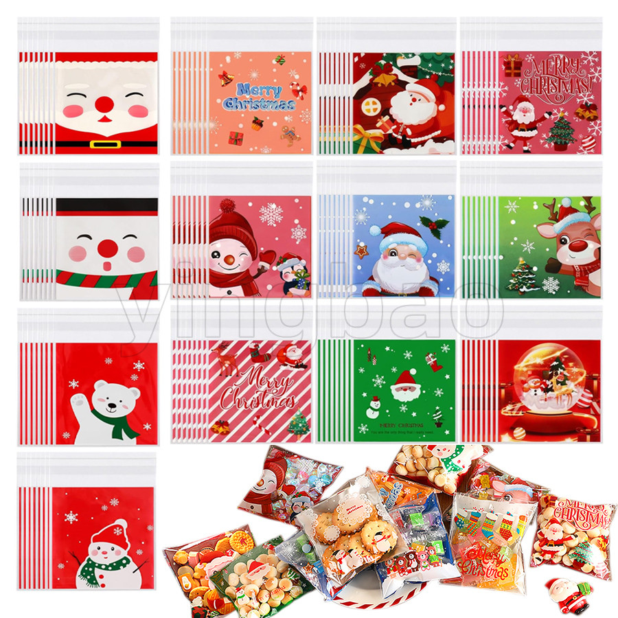 100Pcs Christmas Cellophane Bags Xmas Treat Candy Cookie Biscuit Bags ...