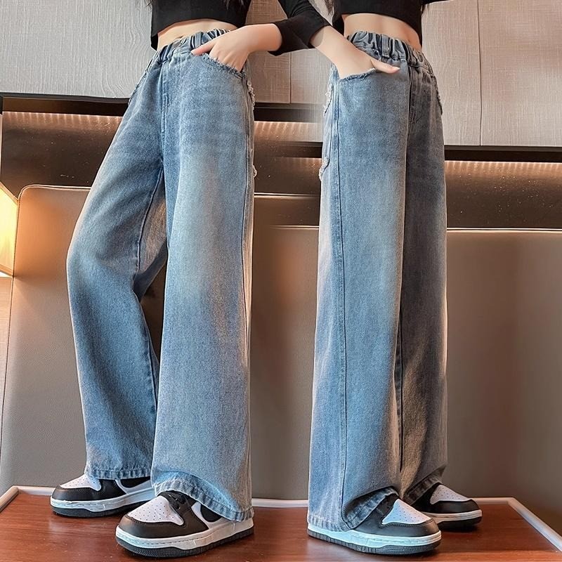 2025 Junior High Girls Straight School Jeans Washed Black Colorfast Big ...