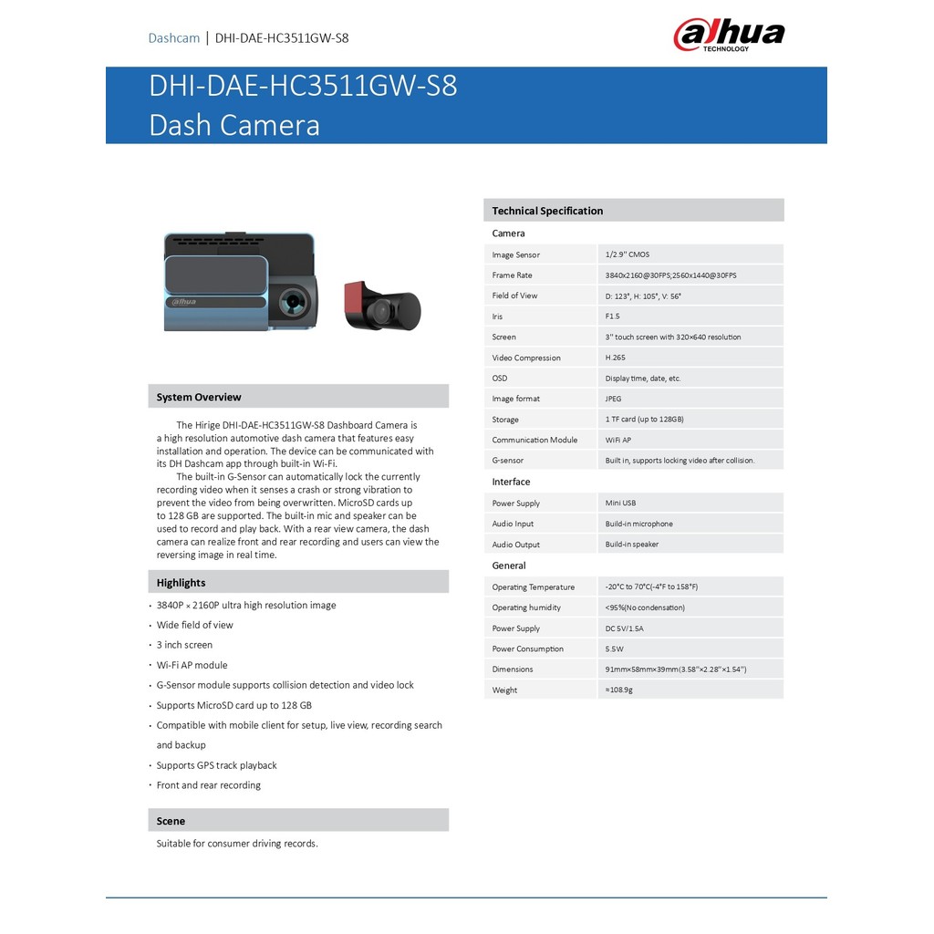 DAHUA S8 DASHCAM WITH REAL CAM, 3 INCH SCREEN, G-SENSOR MODULE, GPS ...