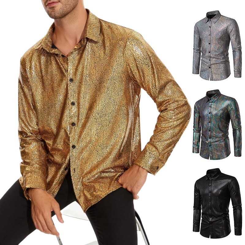 Mens Disco Shirt Outfit Retro 70s Shirts for Mens Sequin Glitter Long Sleeve Button Down Party ...