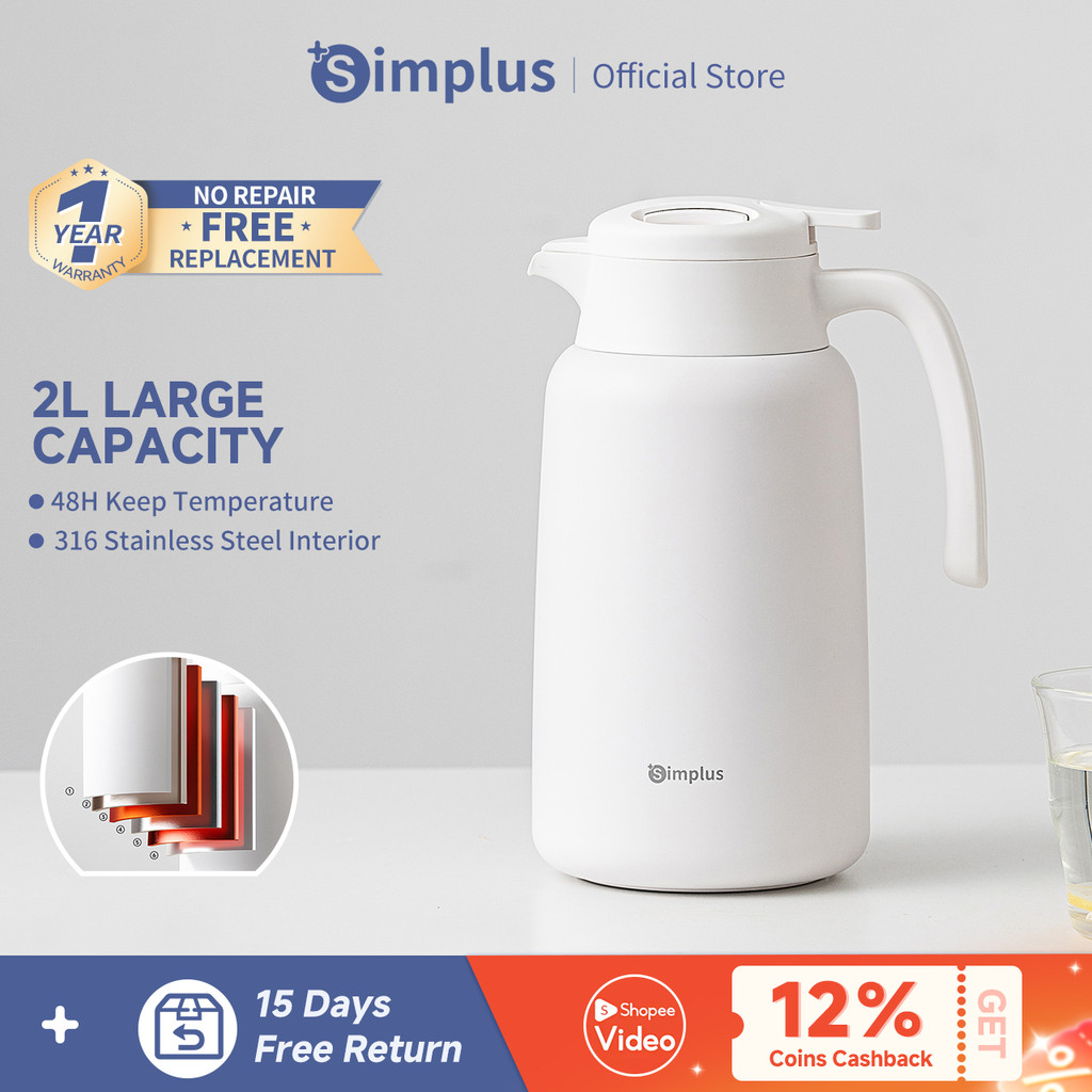 Simplus 2L Thermal Kettle | Heat & Cold Retention | Stainless Steel Interior | 48h Heat ...