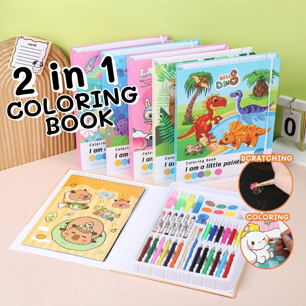 Cartoon 2 IN 1 Coloring Book Scratch Art Card Set Portable Kid ...