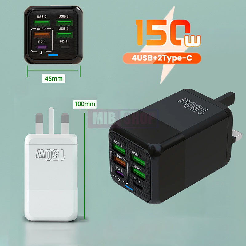 150W 6 Ports【4 USB+2Type C】Fast Charging Charger Type C High Speed ...