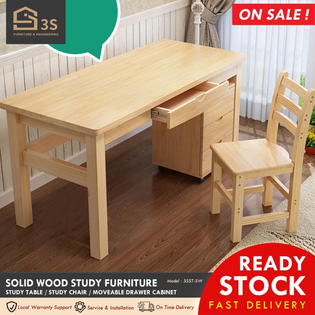 [3S FURNITURE] Multifunctional Solid Rubber Wood Study Table Set With ...