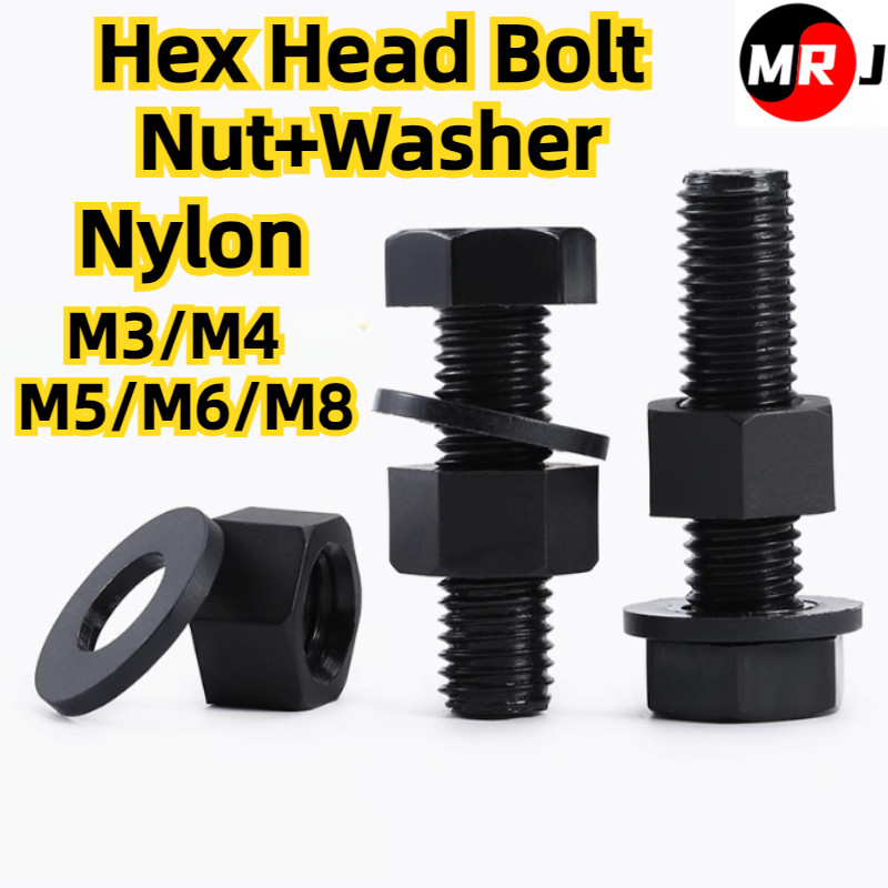 [MRJ] Black Nylon PA66 External Hex Bolt+Nut+Washer Combination M3/M4 ...